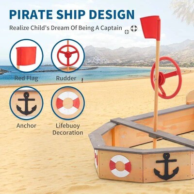 Wooden Sandbox, Pirate Ship Kids Large Wooden Sand ox ench S