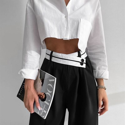 Mnealways18 Patchwork Wide Leg Pants Women Black Contrast Ca