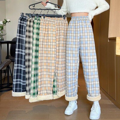 Fashion Warm Plush Pants Lamb Fleece Thick Plaid Women Winte