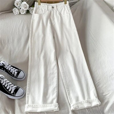 Classic Basic Black White Denim Trousers Simple High Waist P