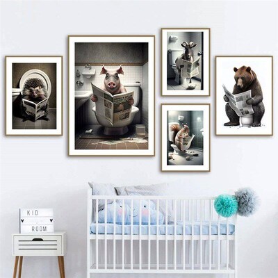 Funny Bathroom Humorous Animal Wall Decor Bear Dog Tiger Sit