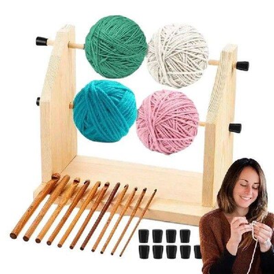 Yarn Holder Rack Wooden Yarn Ball Holder Double-Rotating