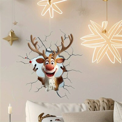 3D Reindeer Break-Through Wall Decal, Vinyl Christmas Wall e
