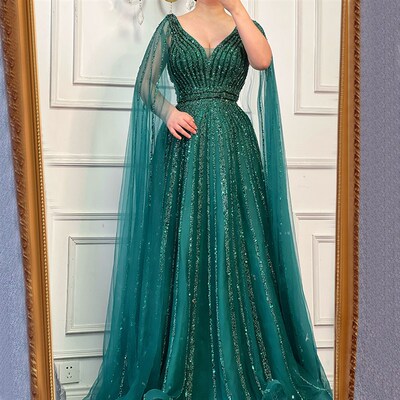 Nude Arabic Luxury Cape Sleeves Evening Dresses Gowns 2022 A