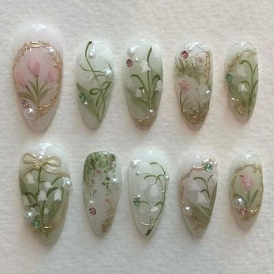 24Pcs Flora Almond Press on Nails with Glue Mori Girl Nail A
