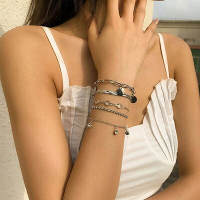 Boho Flat Snake Bone Chain Rhinestone Sequin Pendant Bracele