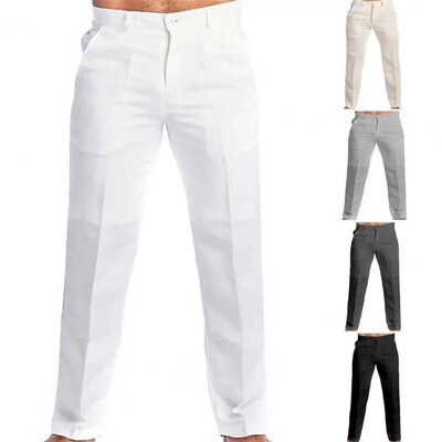 2023 Mens Stand Pocket Casual Linen Pants Solid White Gray