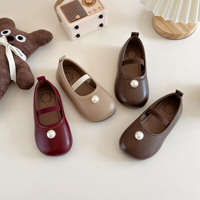 Korean Style Pearl Girls Leather Shoes Childrens Pumps Mary