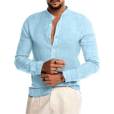 Cotton Linen Hot Sale Mens Long-Sleeved Shirts Summer Solid