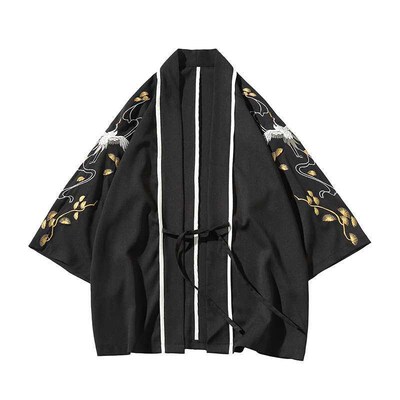 Mens Crane Embroidery Three-quarter Sleeve Top Mens Fashio