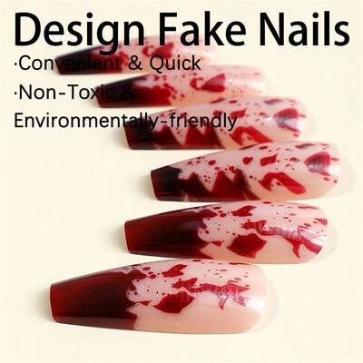 24pcs Long Coffin Shaped False Nails With Bloodstain Design