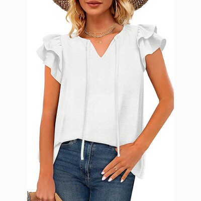 Summer 2025 VNeck Blouse with Tie Ruffled TShirt Chiffon Shi