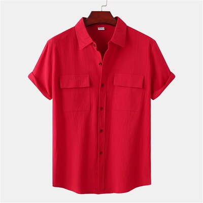Summer Linen Short Sleeve Shirt for Men Square Collar Casual