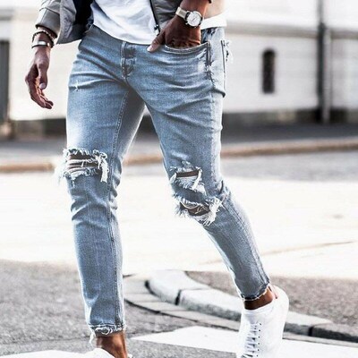 Denim Ripped Pants Slimming Elastic Trousers European Americ
