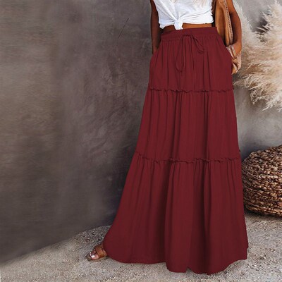 Fashion High Waist Long Solid A-Line Skirt Women Casual Beac
