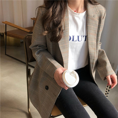 Office Ladies Notched Collar Plaid Women Blazer Double Breas