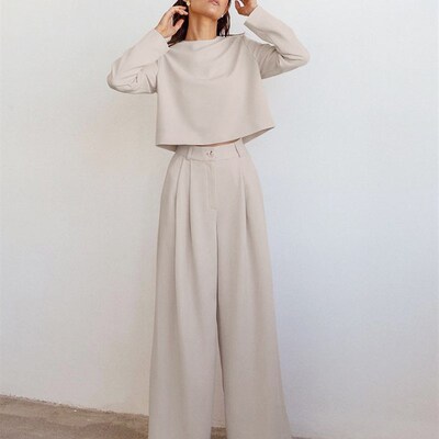 Mnealways18 Classic Wide Pants Floor-Length Pleated Loose Wo