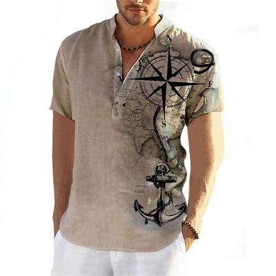 Summer Shirt Mens Henley Short Sleeve Tops 3d Compass Graph