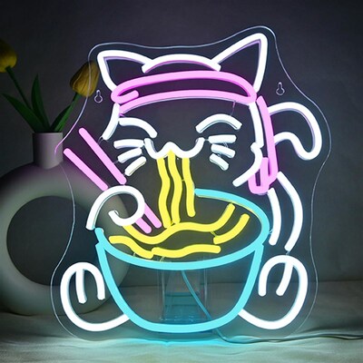 LED neon lights cat eating noodles glowing letters 5V USB