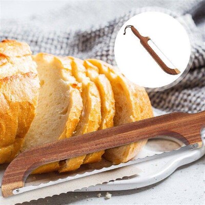 Wooden Handle Bread Knife Slicer Light Brown Stainless