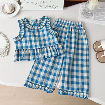 Summer Girls Suits Fashion Floral Plaid Round Neck Tank Top