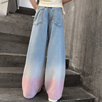 2024 Big Teens Girl Tencel Wide-Leg Jeans Kids Girls Gradien