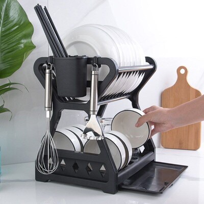Double-layer Kitchen Dish Bowl Draining Storage Rack with Ch
