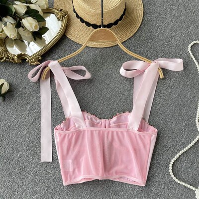 Womens Sexy Satin Camis Hot Sweet Floral Bow Strap Crop Top