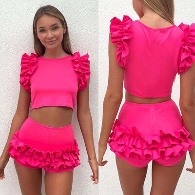 Summer Cute Women Girls Lace Frill Two-Piece Swimsuit Solid