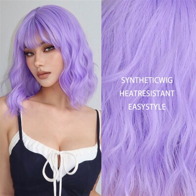 Short Synthetic Wigs Purple Blue Curly Wave Wigs with Bangs