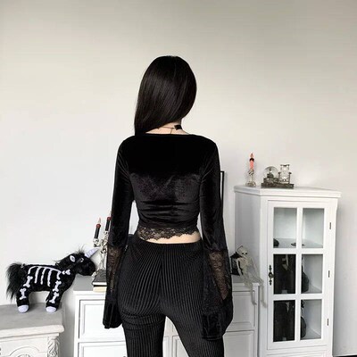 Women Gothic Black Crop Tops Solid Lace V-Neck Cropped Blous