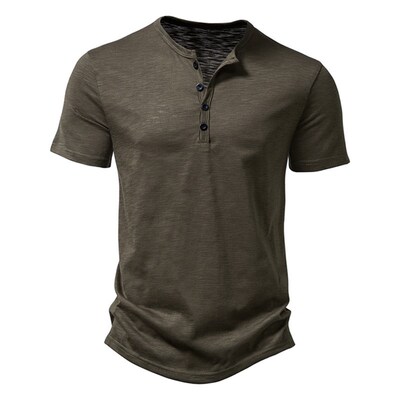 Henley Collar Summer Men Casual Solid Color Short Sleeve T S