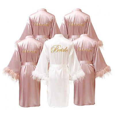 2021 New Women FEATHER Bride Bridesmaid Wedding Robe Satin K