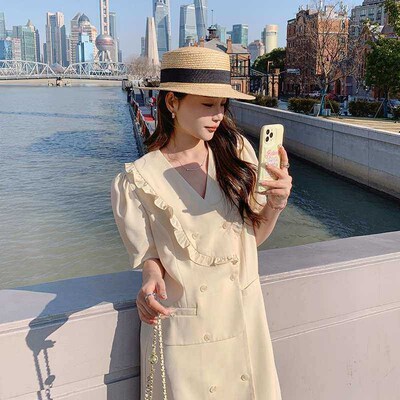 Bubble-Sleeve Ear-Edge Dress Womens Summer New Style Elegan