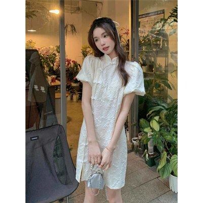 Cheongsam Improved Bubble Sleeve Button Dress Womens Elegan