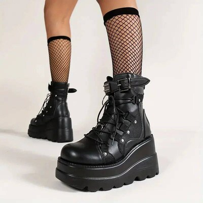 Women Goth Copl Wedge Combat Ankle Boot Fahion Stylih Punk