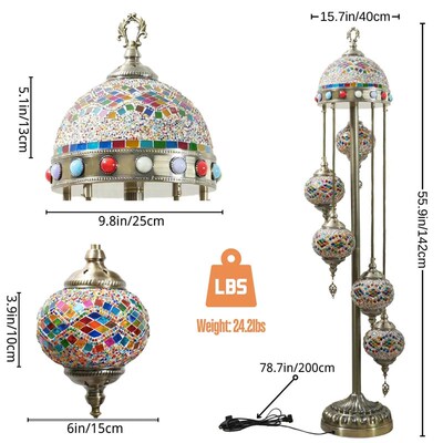 Turkish Lamp, Mosaic Globe Floor Feature, Upgraded Lampshade