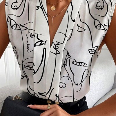 Summer Womens Top Blouse Fashion Print Tops V-neck Sleevele