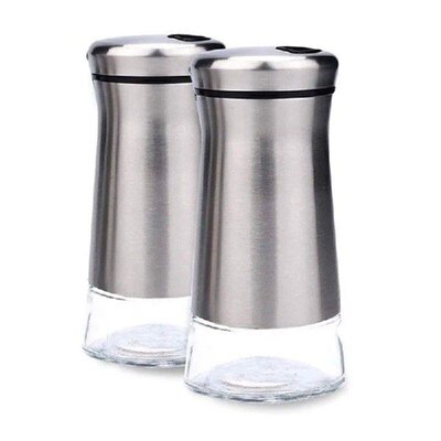Stainless Steel Salt and Pepper Shakers Set with GlasYs Base