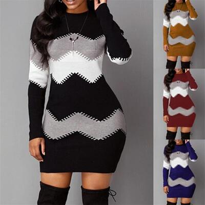 Women Elegant Patchwork Long Sleeve Warm Dress 2023 Autumn W