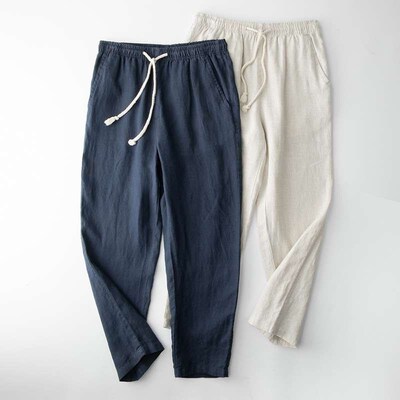Linen Mens Straight Casual Cropped Pants Loose-fit Pants 60