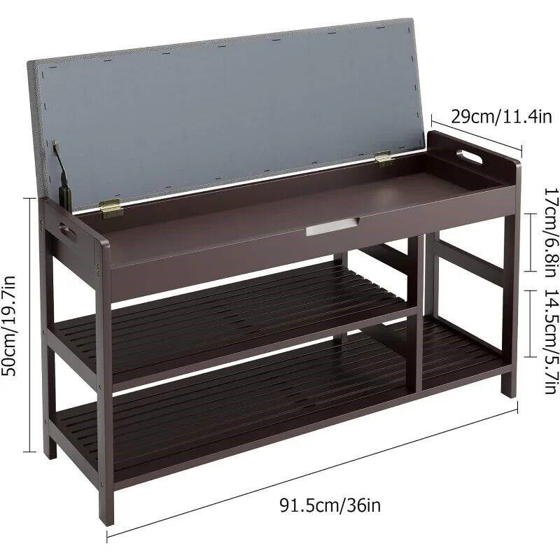竹制 Entryway 储物凳带软垫 鞋柜适用住宅家具 自然色与白色选择