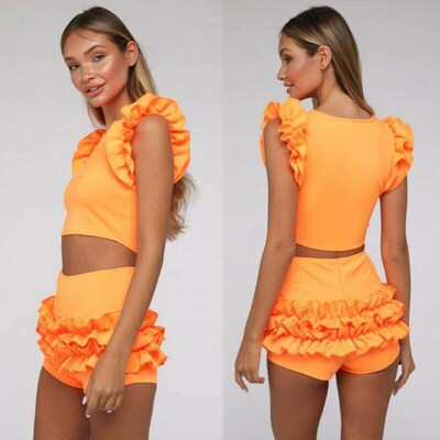 Summer Cute Women Girls Lace Frill Two-Piece Swimsuit Solid