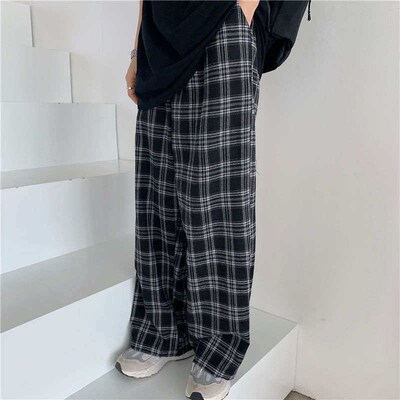 Plaid Pants Women Casual Oversize 2XL Loose Wide Leg Trouser
