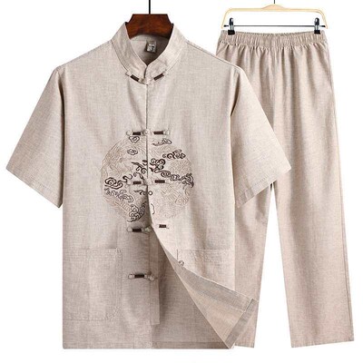 Middle-aged Father Cotton Linen Short-sleeved Tang Suit for