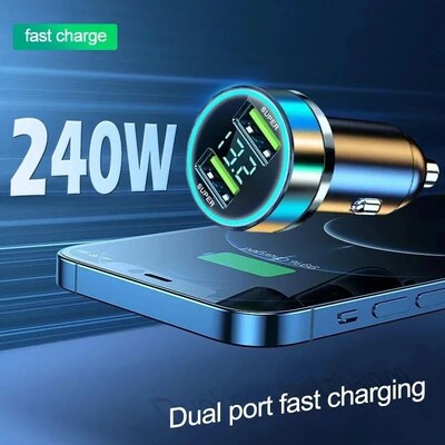 Car Charger Fast Charging 240W  2 USB Port Adapter with Digi