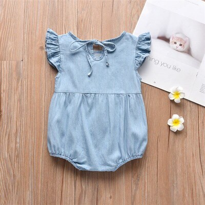 Simple Pure Color Denim Collar Open Front Short Sleeve Rompe