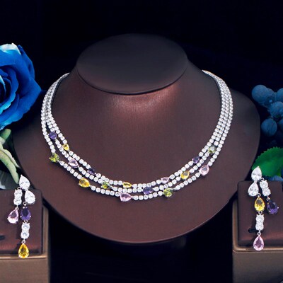 ThreeGraces Shiny Colorful Cubic Zirconia 3 Rows Multi Layer