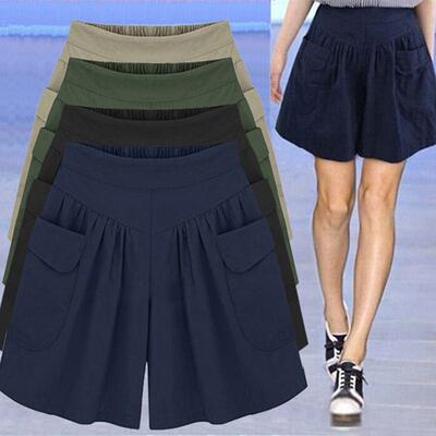 Summer Women Plus Size Solid Color Elastic Waist Casual Loos