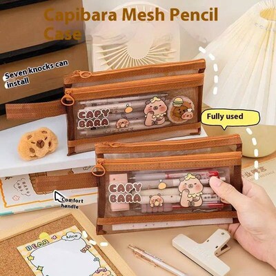 Portable Pen Bag Cartoon Capybara Transparent Mesh Pencil Ca